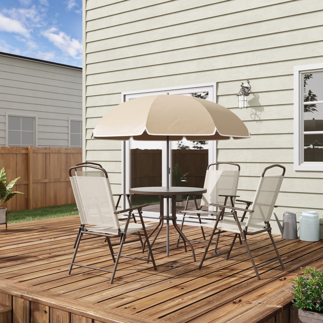 THOWDEE Patio Dining Set Outdoor with Table, Umbrella, and 4 Folding Chairs, Beige - Walmart.com