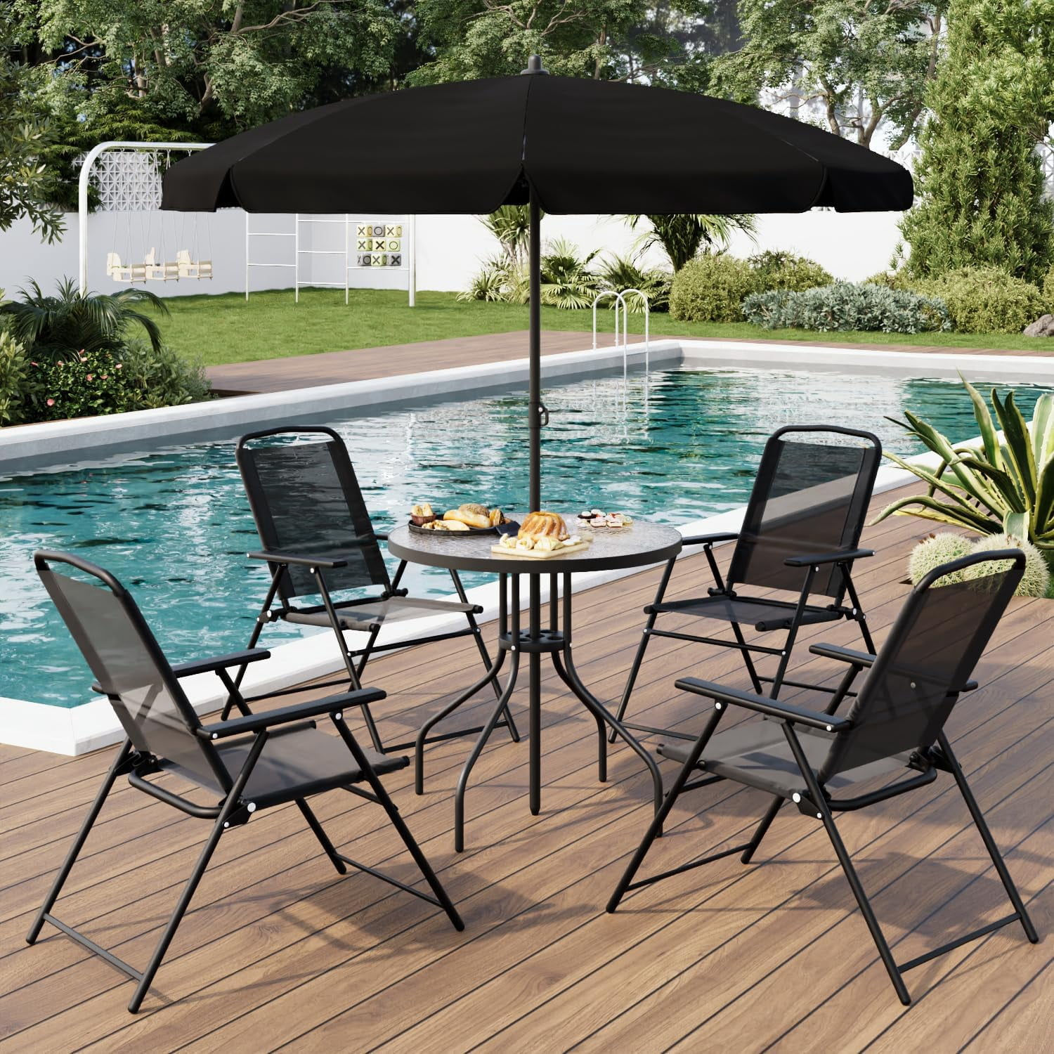 6 Piece Patio Dining Set with Umbrella, Outdoor Furniture Set with 4 ...