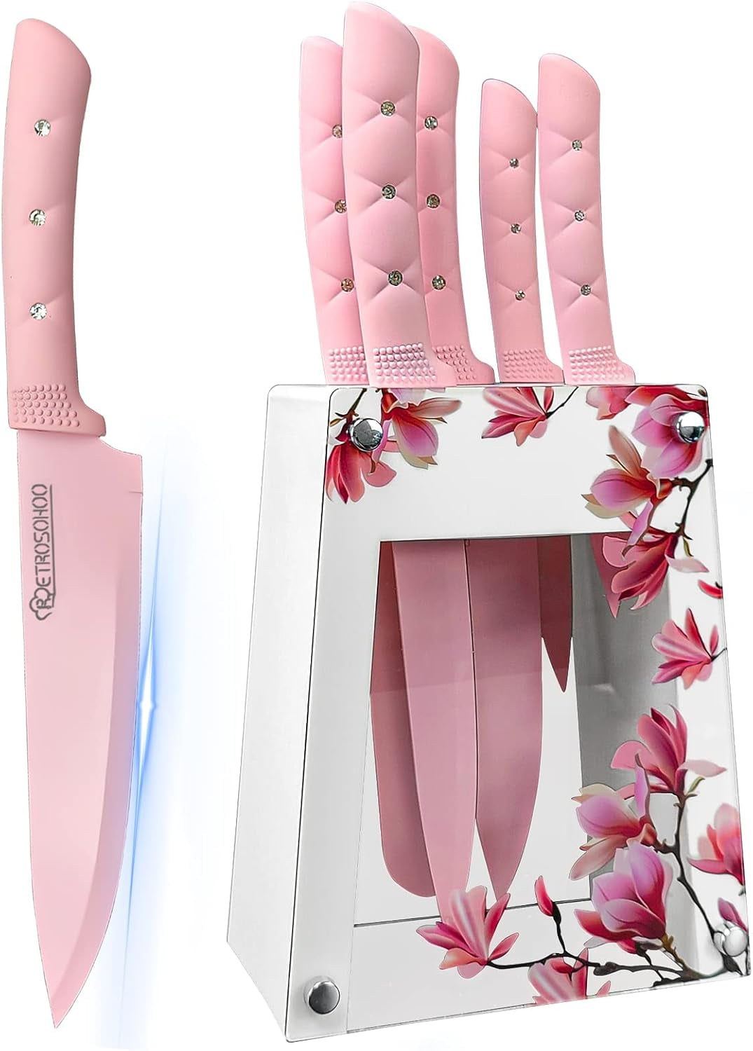 6-Piece Pink Stainless Steel Kitchen Knife Set with Acrylic Stand - Non ...