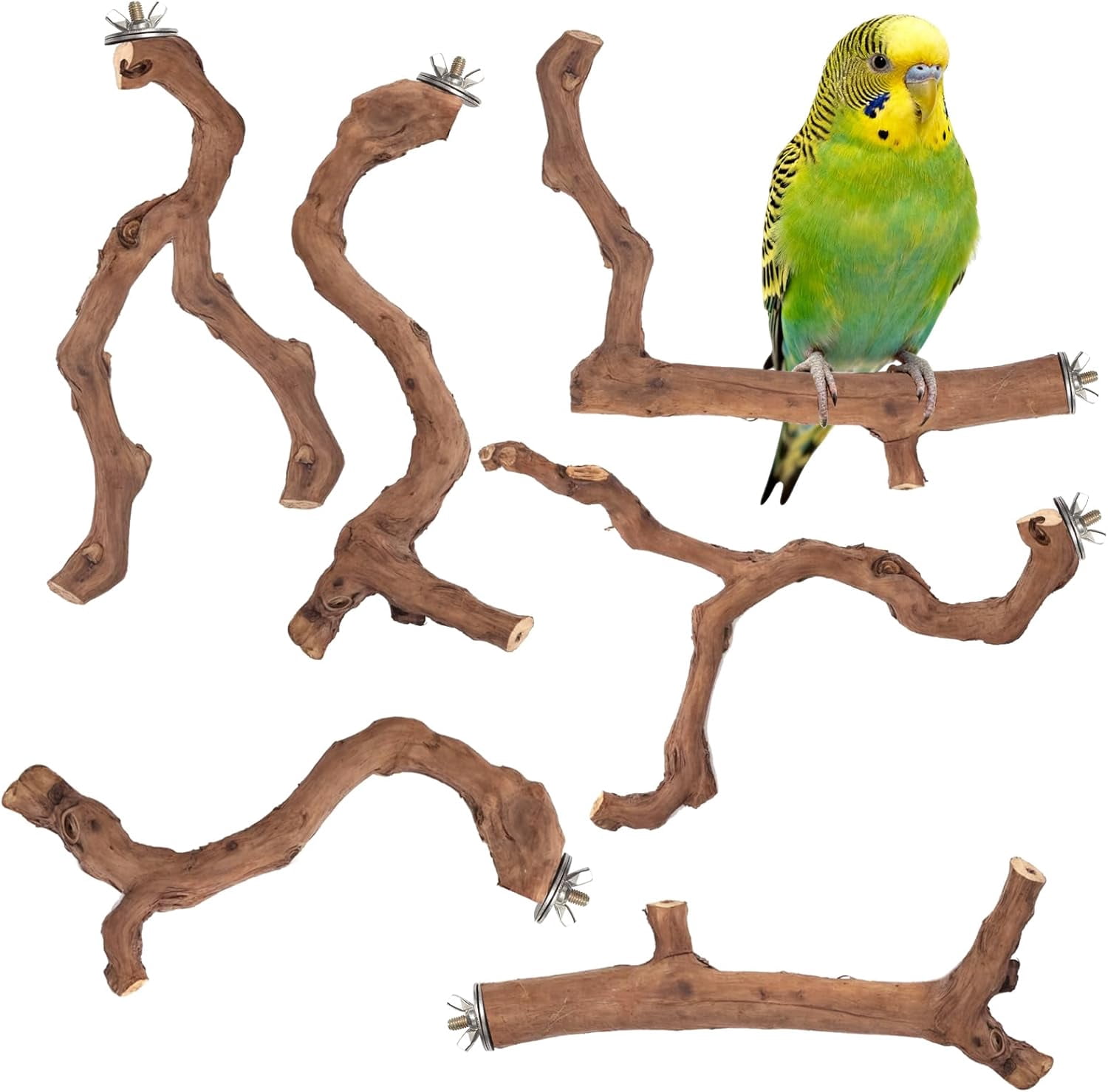 6-Piece Premium Bird Perch Stand with Natural Grape Wood Branch, Paw ...