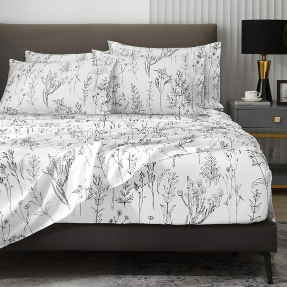 6 Piece Queen Bed Sheets Set, Floral Sheets White and Black Patterned ...