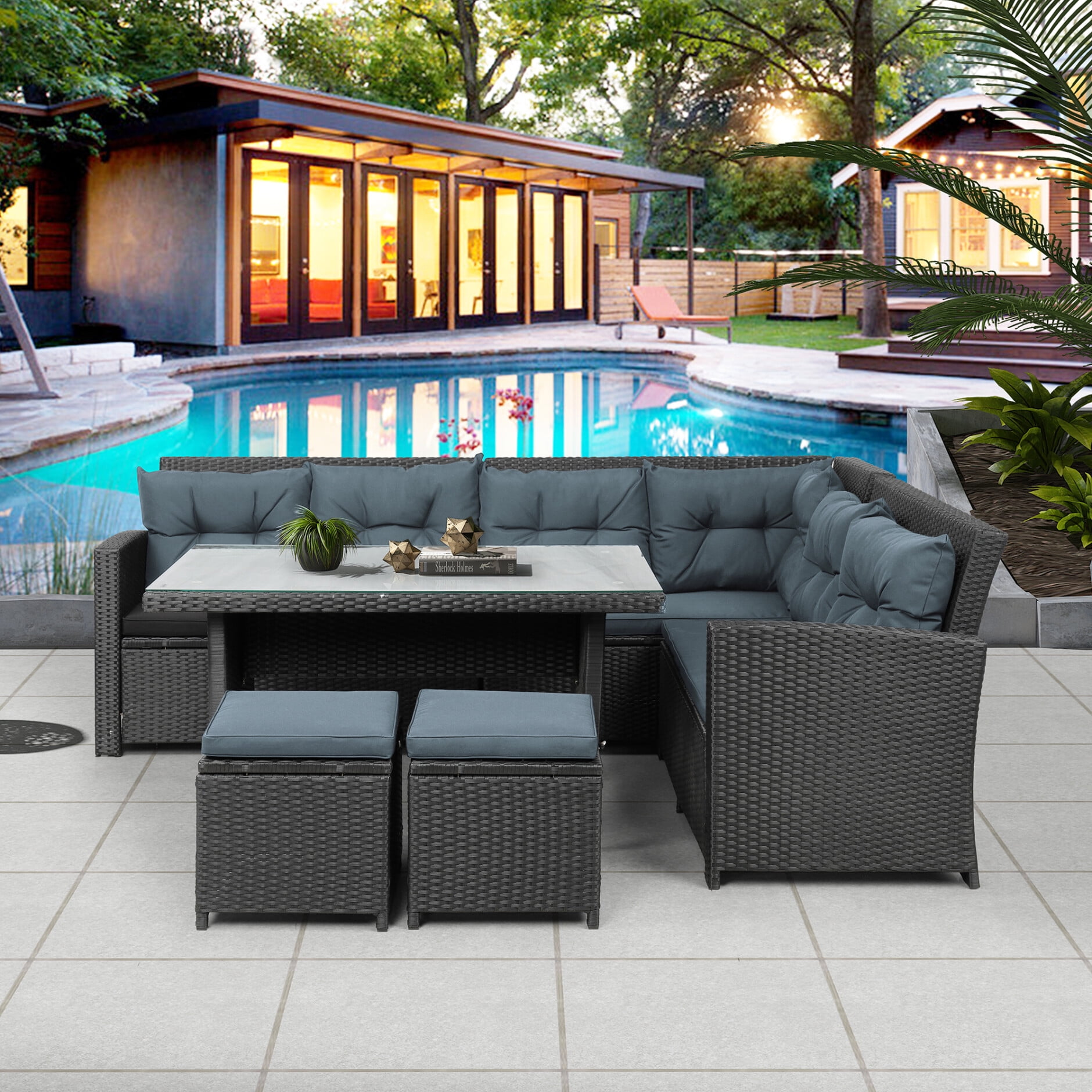 6-Piece Rattan Patio Furniture Set, Outdoor PE Wicker Sectional Sofa ...