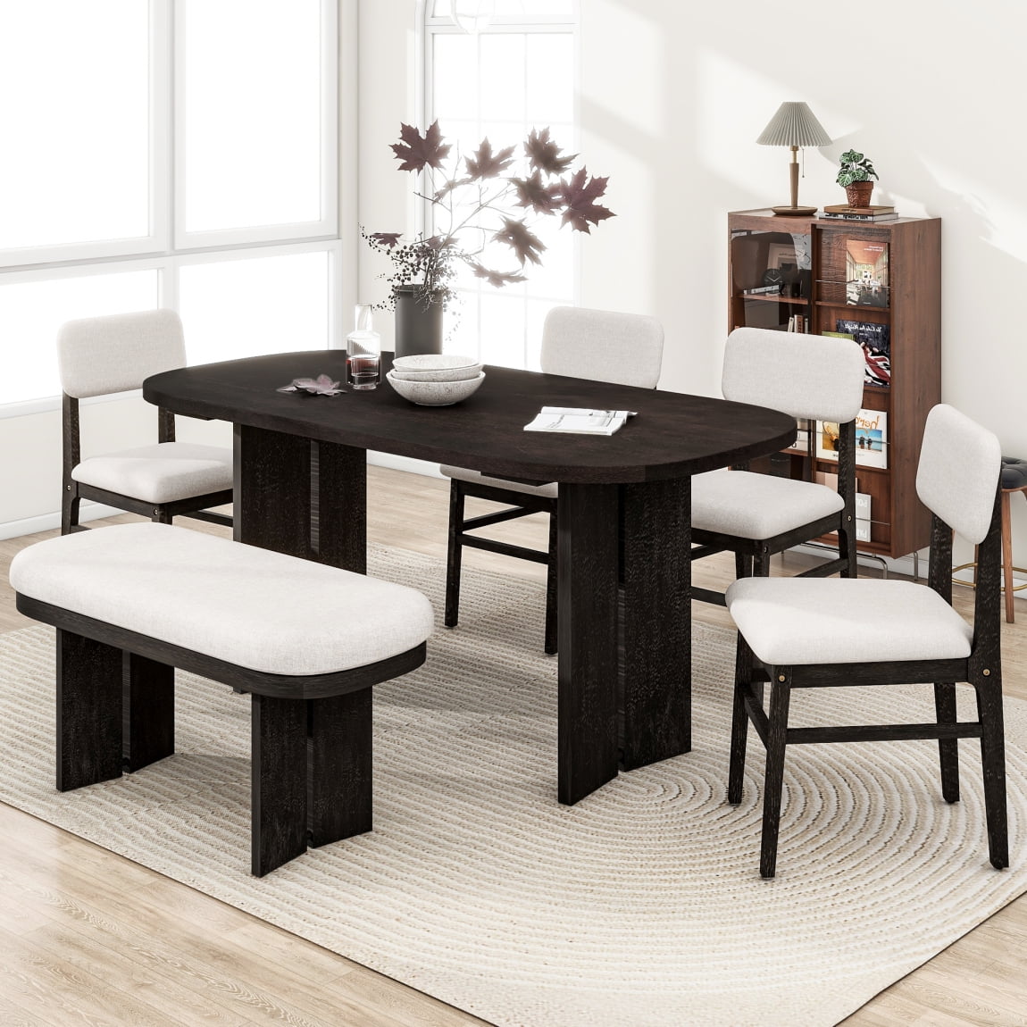 6-Piece Retro Dining Table Set, Rectangular Solid Wood Dining Table Set ...