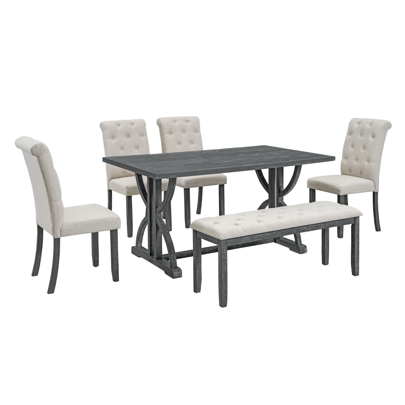 6-Piece Retro-Style Set, Rectangular Dining Table, 4 Upholstered Chairs ...