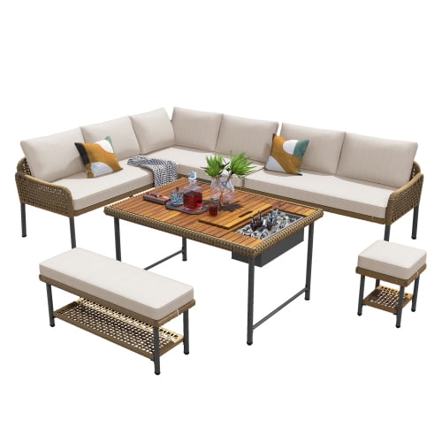 6-Piece Rope Patio Furniture L-Shaped Set, Outdoor Sectional Sofa Set ...