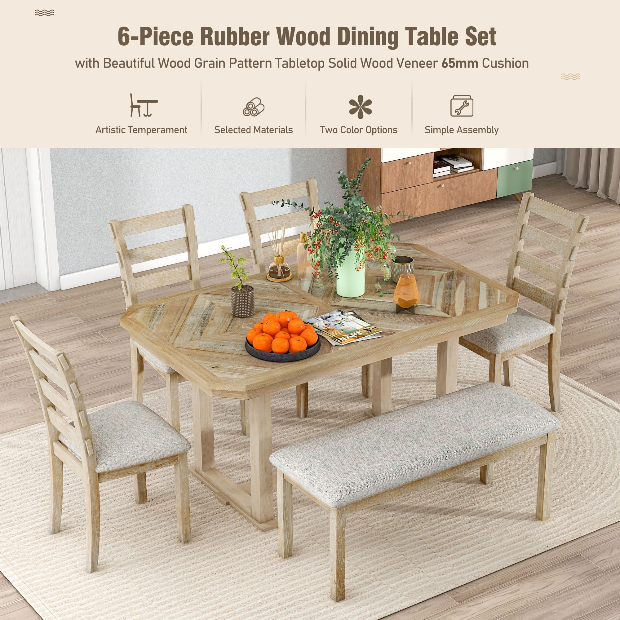 6-Piece Rubber Wood Dining Table Set Beige - Walmart.com