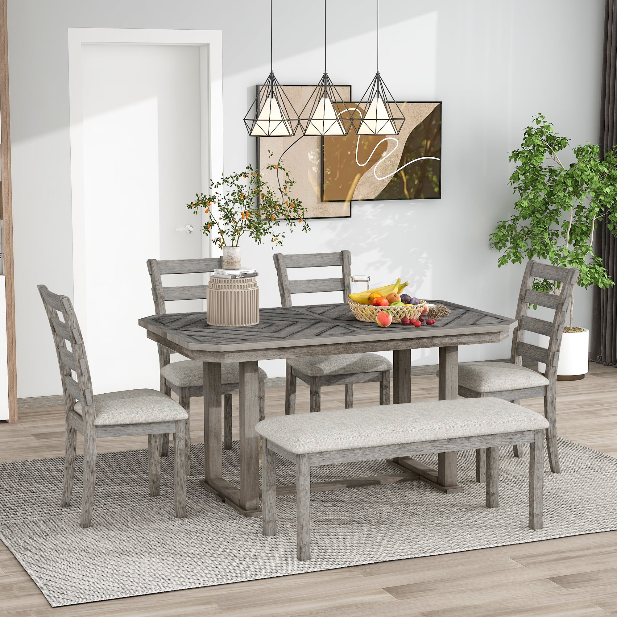 6-Piece Rubber Wood Dining Set: Table, 4 Chairs, Bench, Wood Grain ...