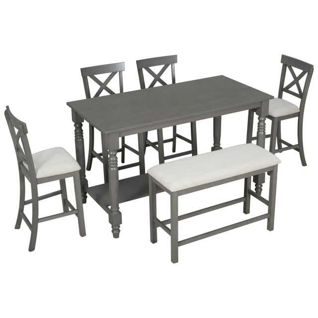 6 Piece Rustic Dining Table Set with 4 Upholstered Chairs and 1 Bench ...
