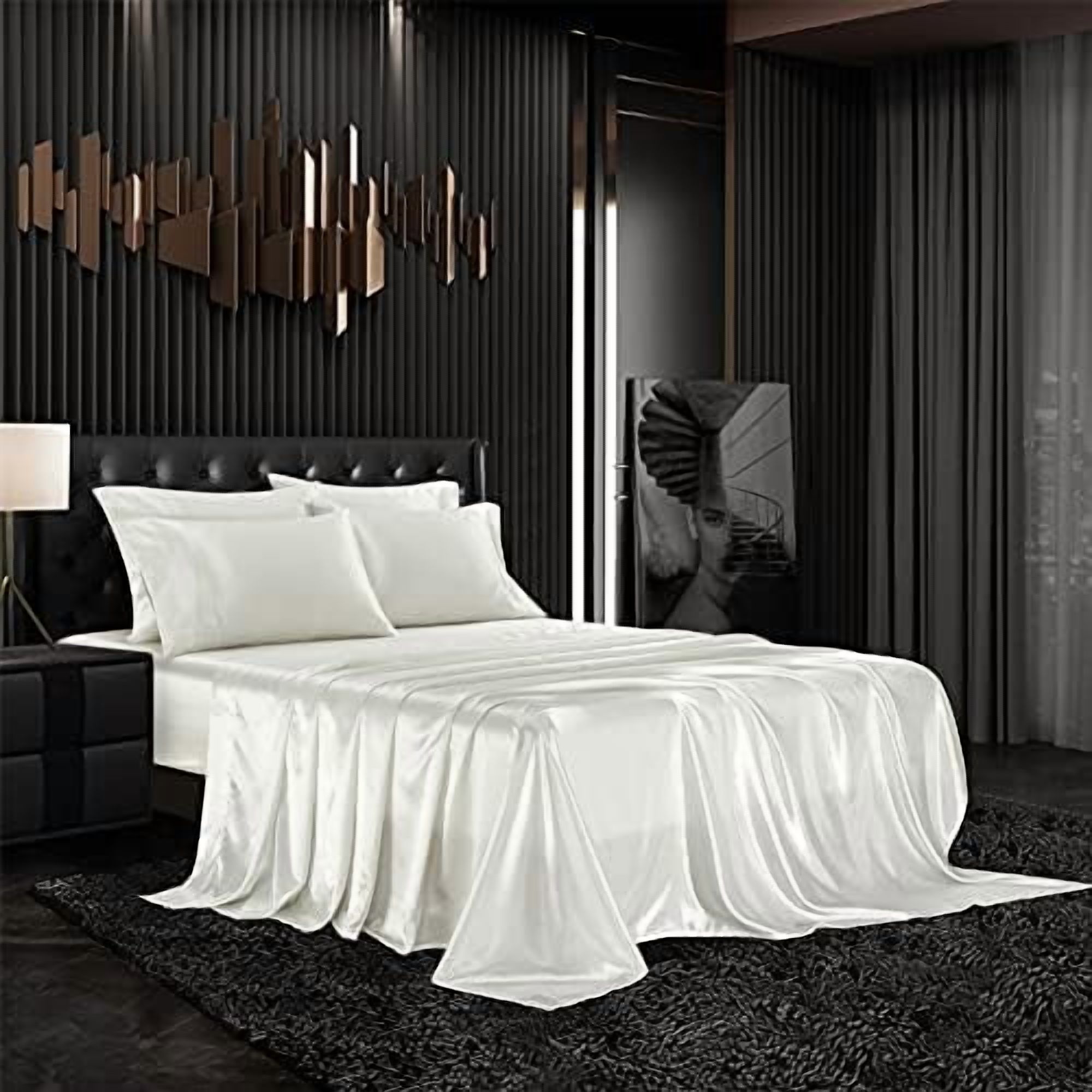 6 Piece Satin Bedding Sheet Set Queen Off White Deep Pocket 1800 Series ...