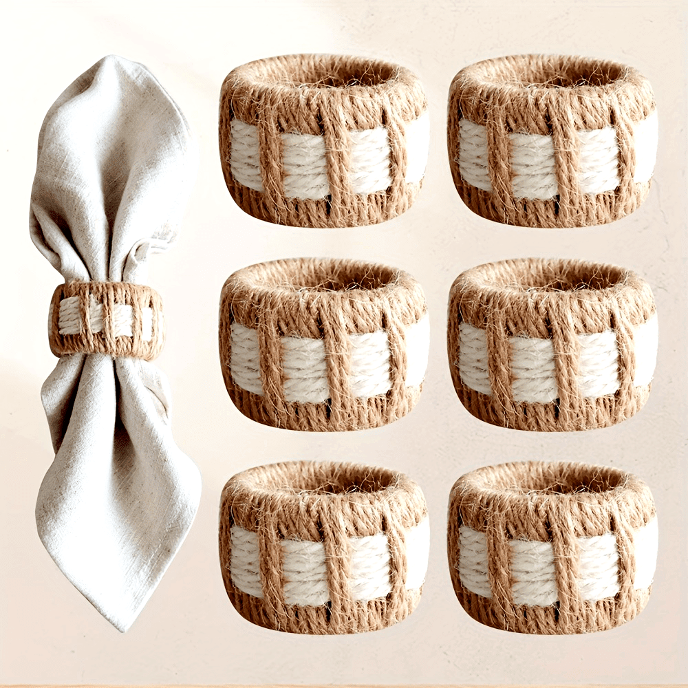 6-Piece Set Natural Material Woven Napkin Rings - Handcrafted Burlap ...