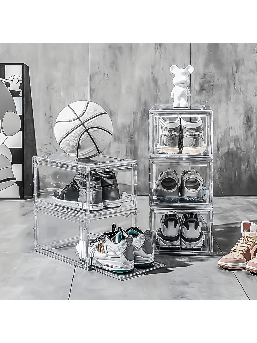 6 Piece Shoebox Clear Plastic Stackable, Large Sneaker Storage Box With Door, Shoe Display Case ...