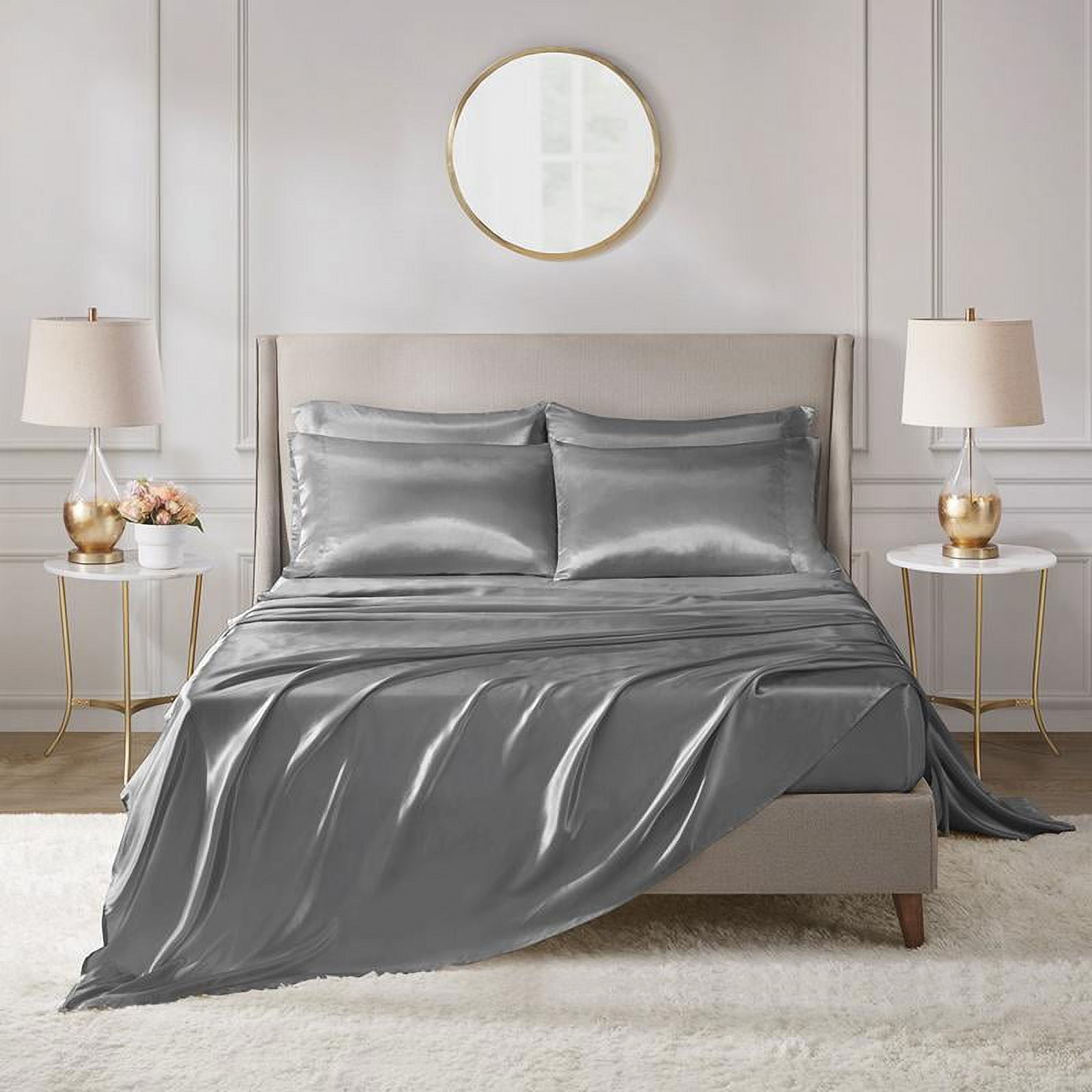 6 Piece Solid Color Satin Sheet Set (1*Flat Sheet + 1* Fitted Sheet + 4 ...