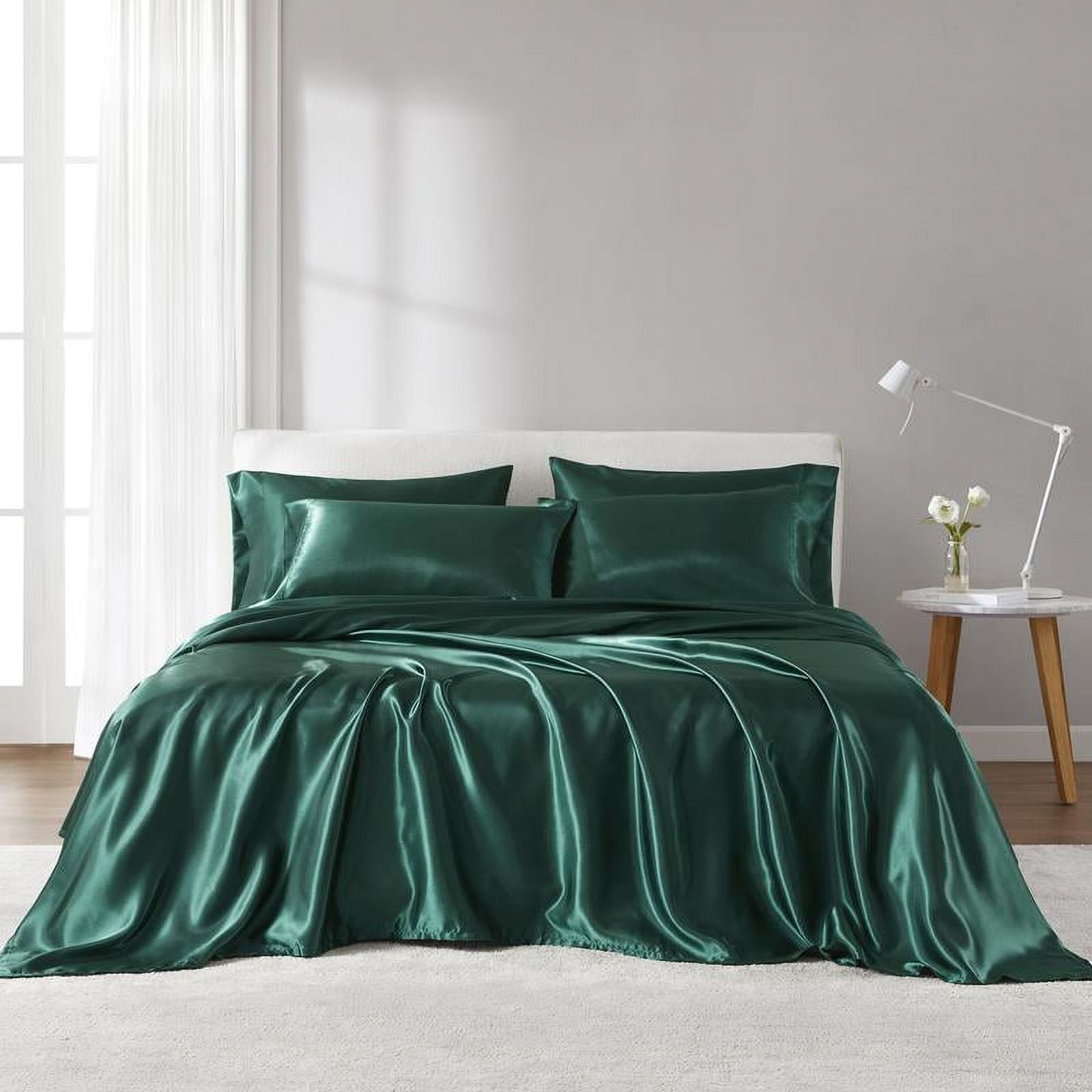 6 Piece Solid Color Satin Sheet Set (1*Flat Sheet + 1* Fitted Sheet + 4 ...