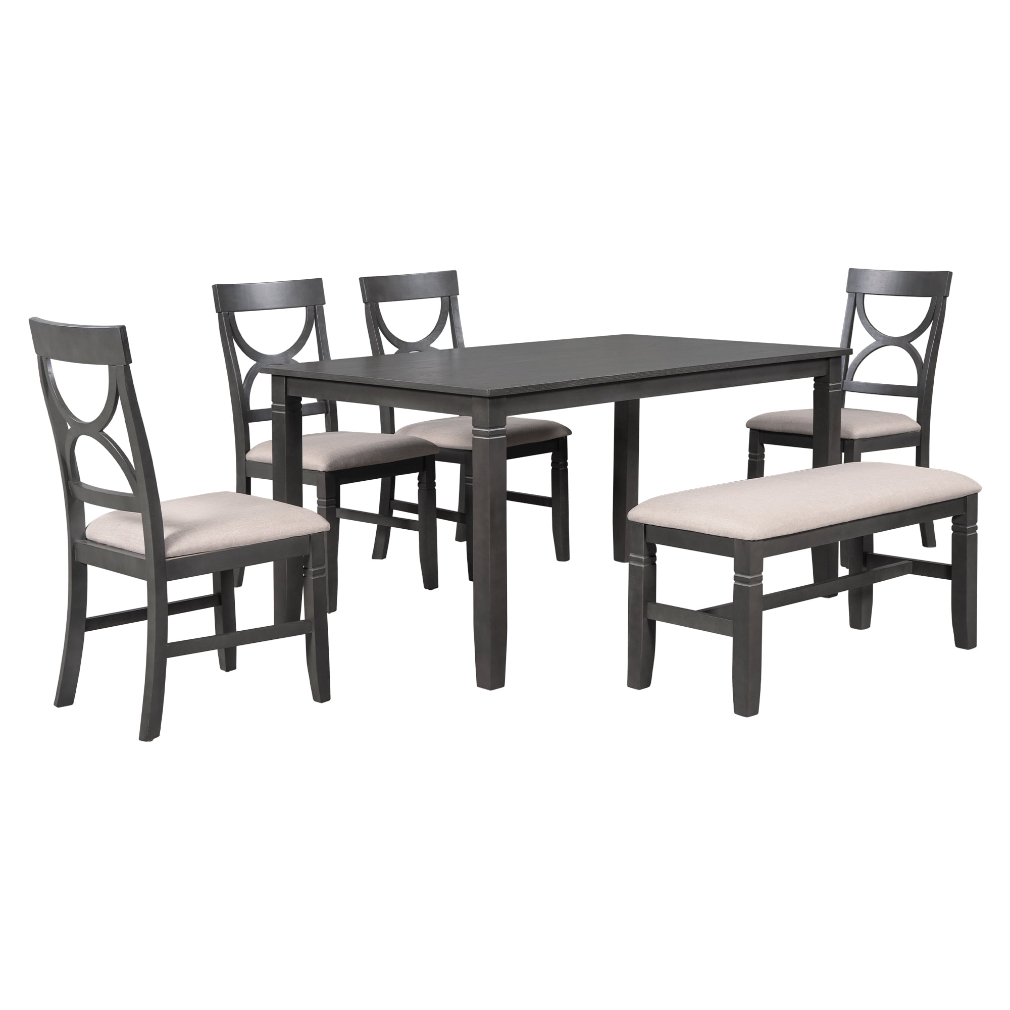 6 Piece Solid Wood Dining Room Set with Upholstered Bench and 4 Dining ...