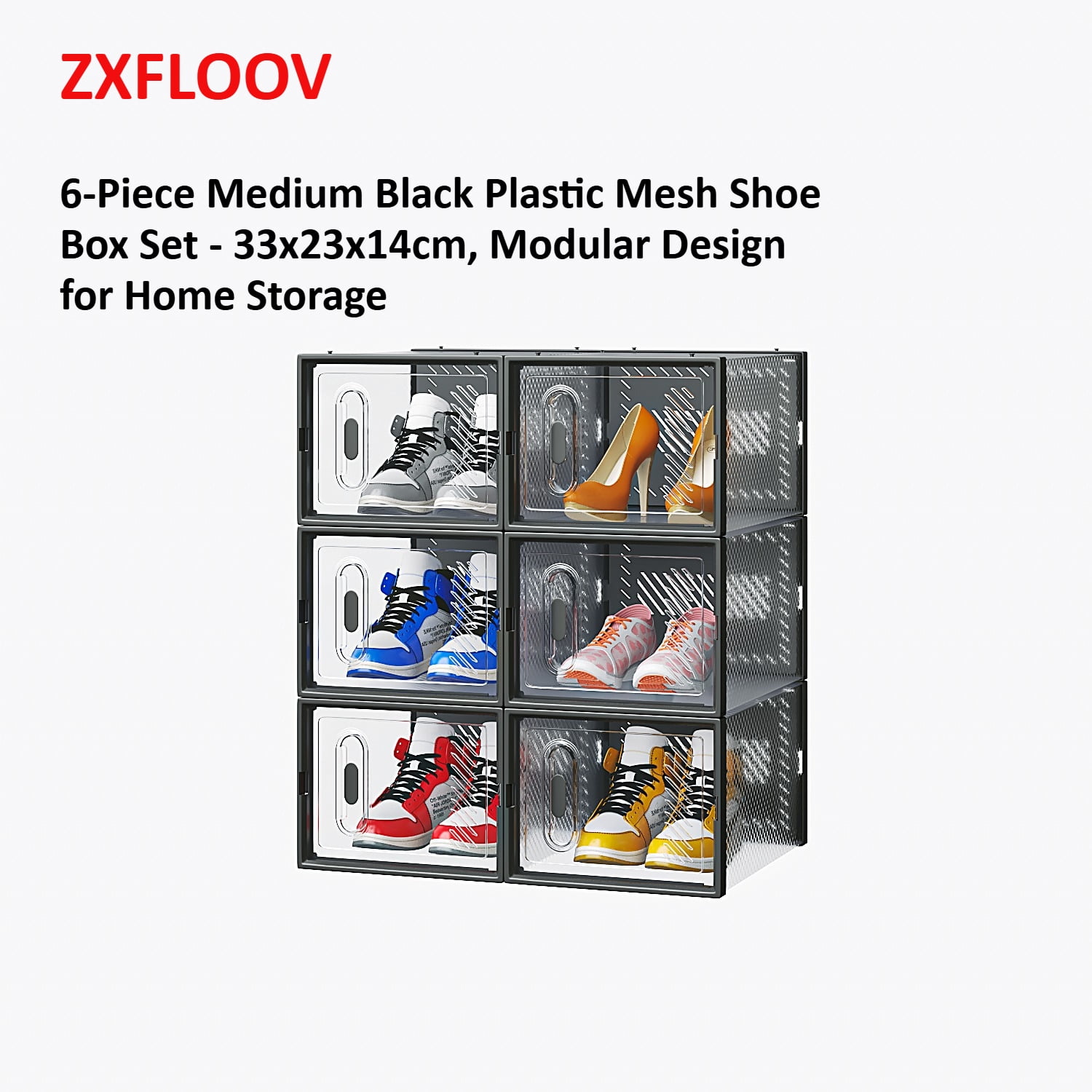 6-Piece Stackable Black Plastic Mesh Shoe Storage Boxes - Modular ...