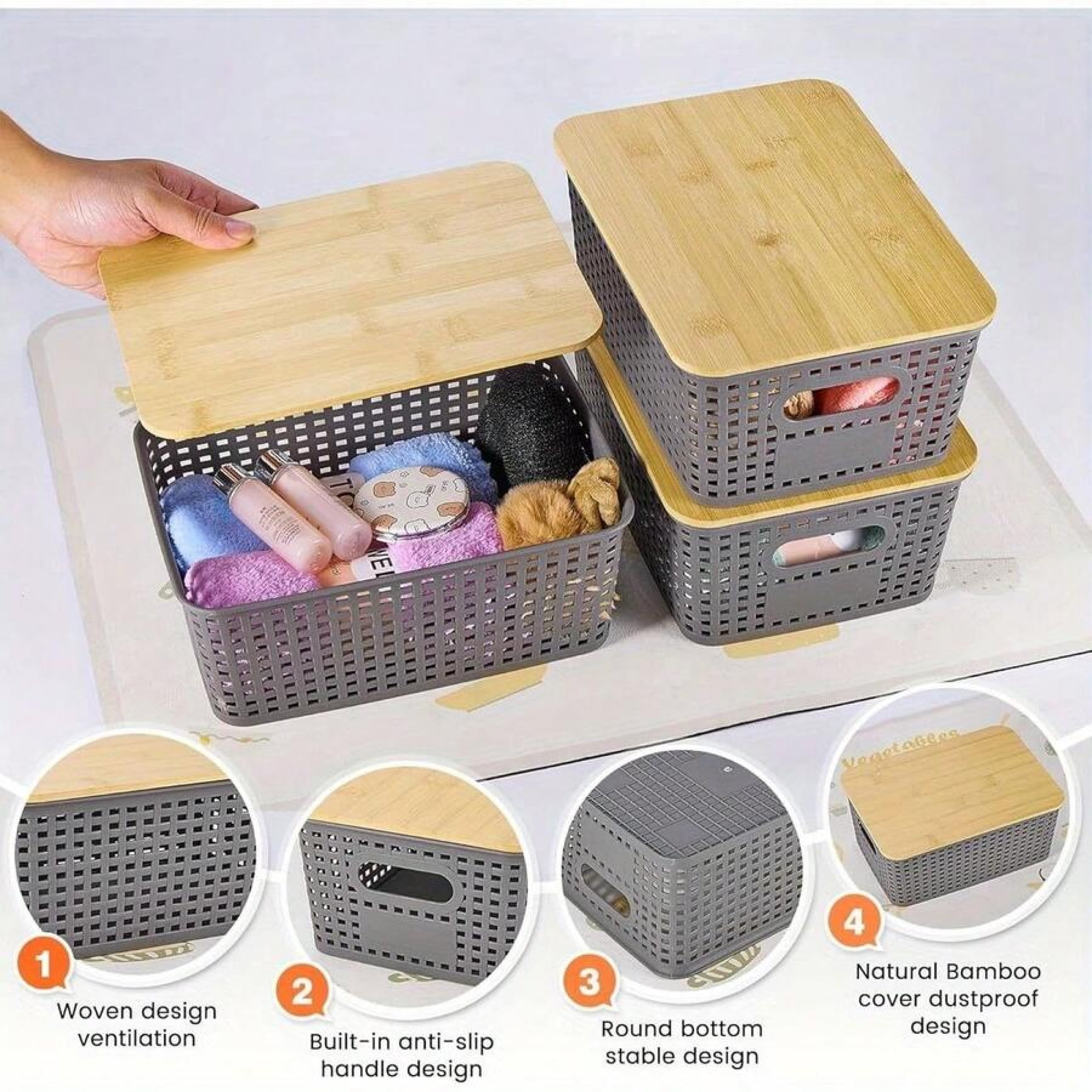 6-Piece Stackable Plastic Storage Baskets with Bamboo Lids ...
