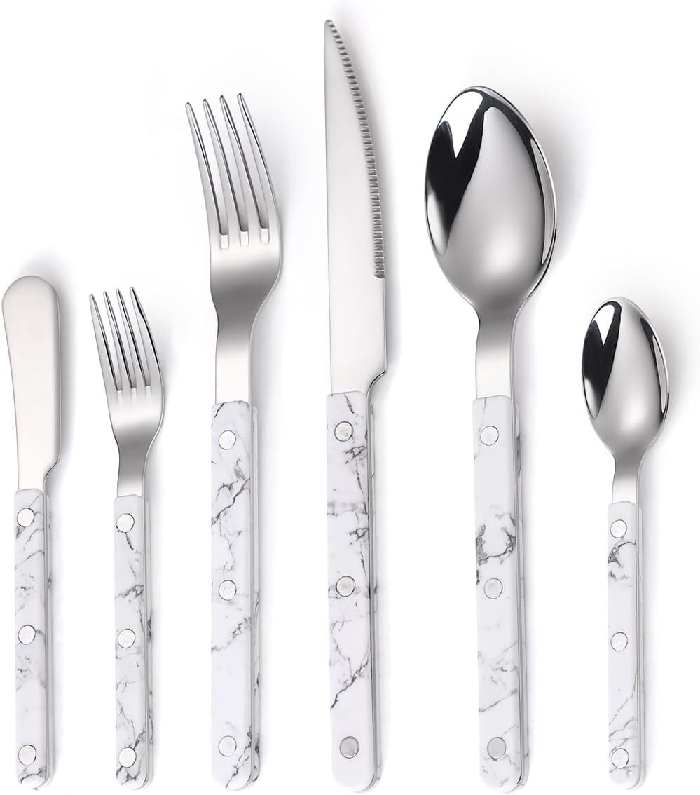 6-Piece Stainless Steel Flatware Silverware Set - Marble Pattern with ...