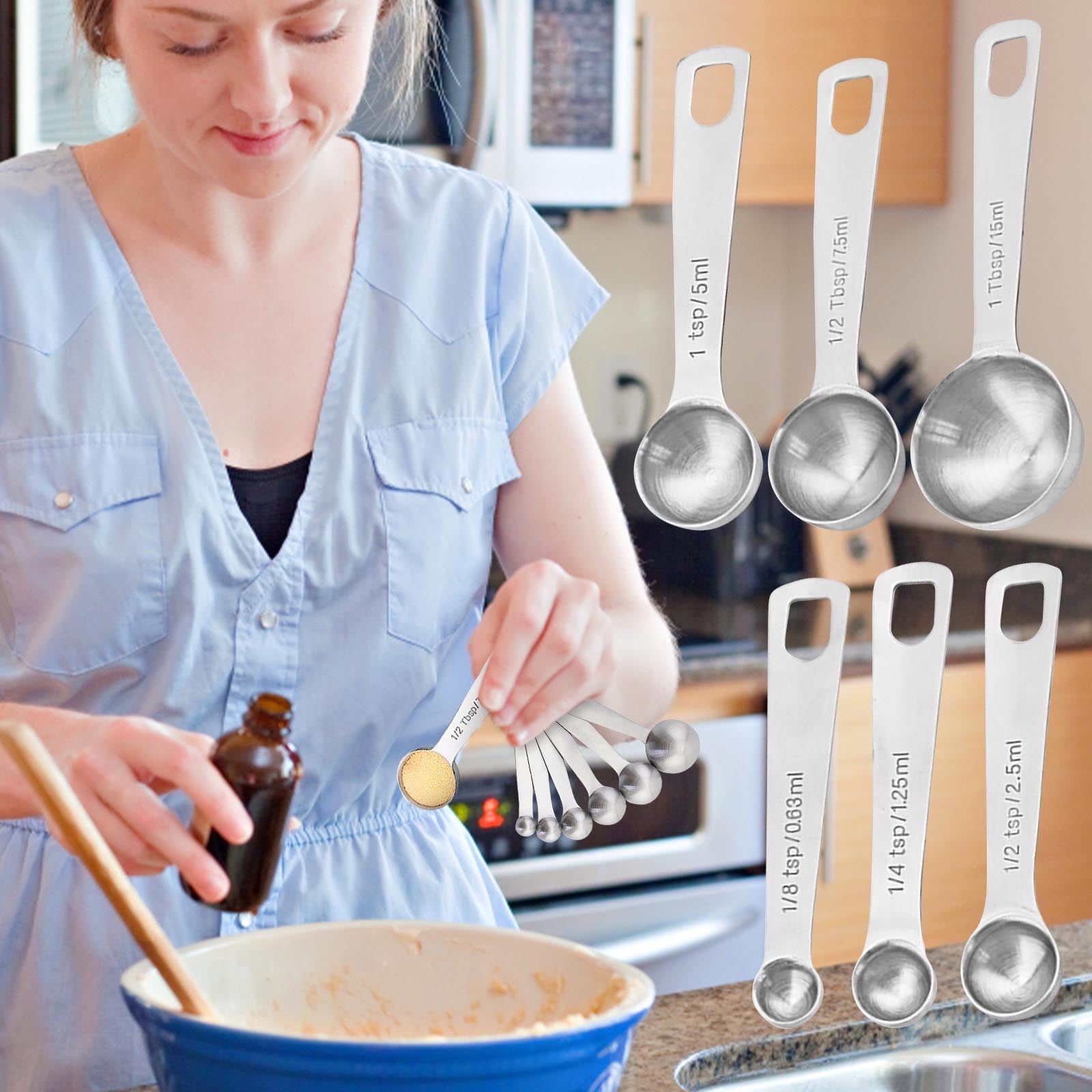 6 Piece Stainless Steel Measuring Spoon Set 430 Food Grade,1.2mm Thick,Double Scale for Dry ...