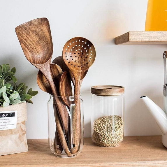 6 Piece Teak Wood Kitchen Utensil Set, Wenini Natural Wood Cooking ...