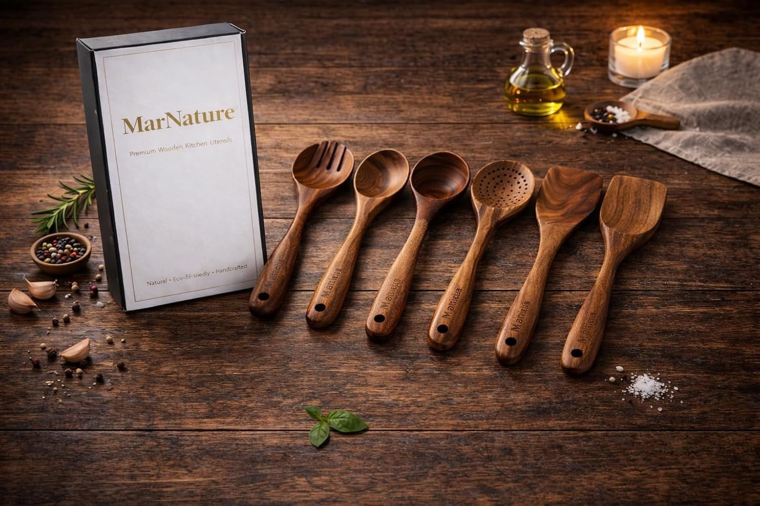 6-Piece Teak Wood Kitchen Utensils Set - Non-Stick Safe Heat Resistant ...