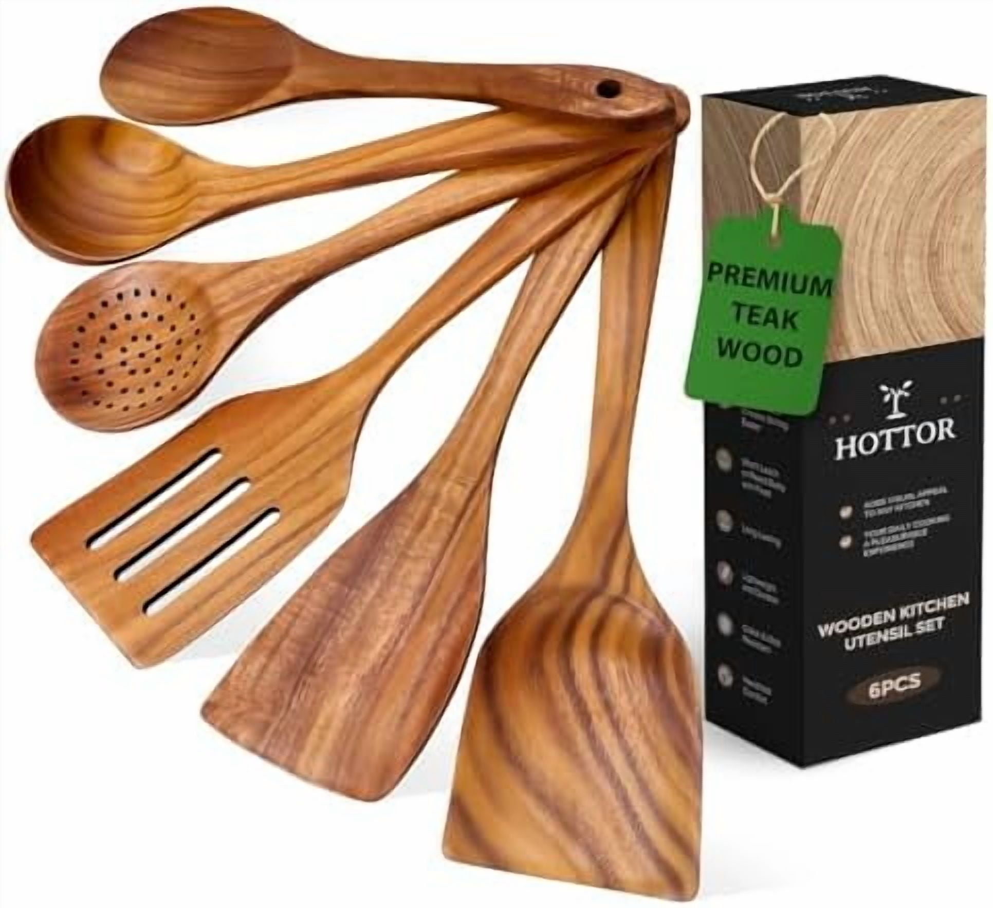 6 Piece Teak Wooden Utensil Set, Comfort-Grip Wooden Spoons for Cooking ...