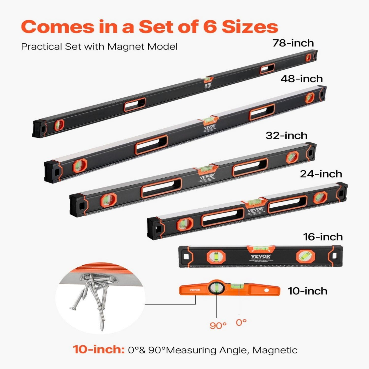6-Piece Torpedo Level 78/48/32/24/16/10 Inch Box Levels Set Bubble ...
