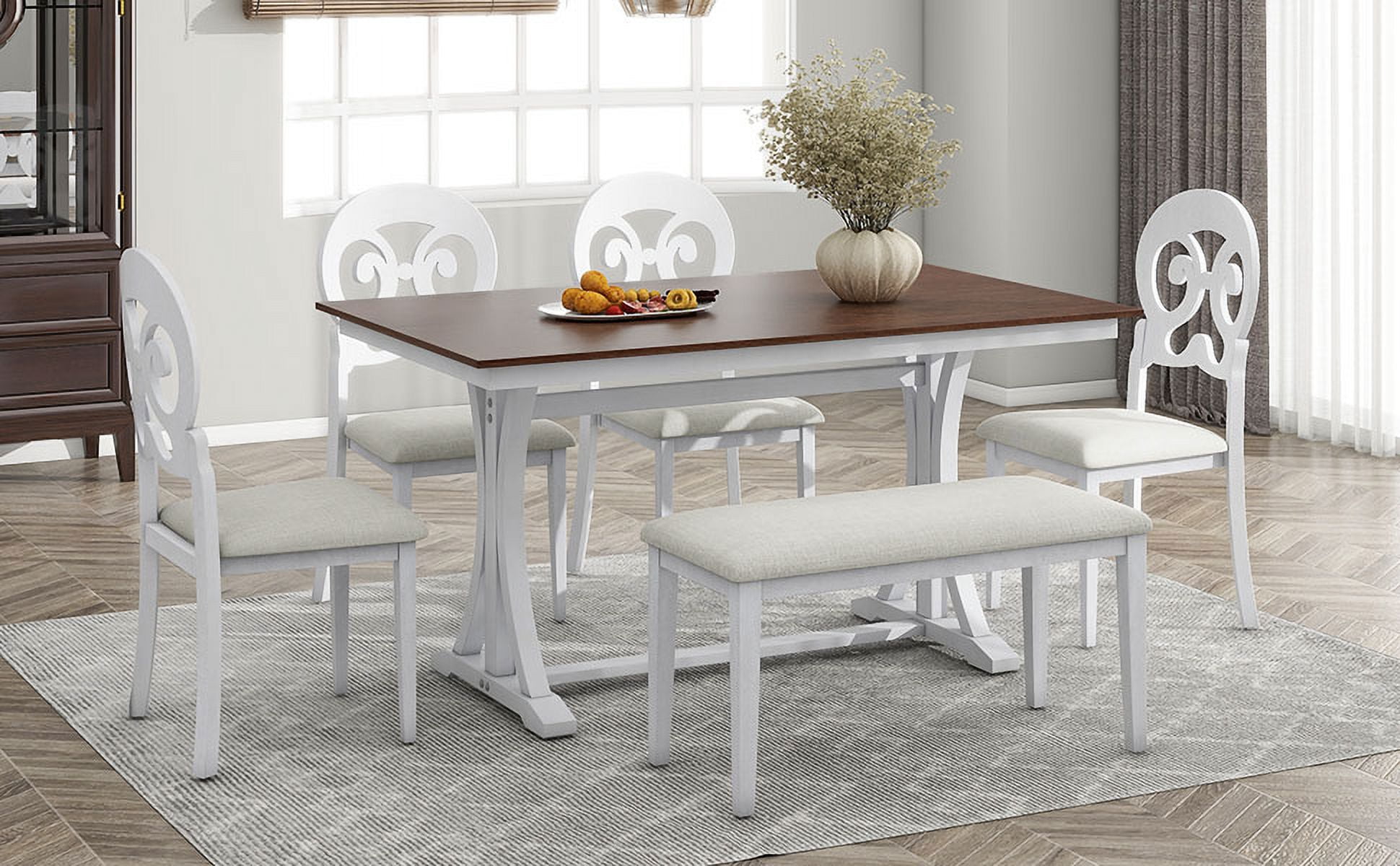 6-Piece Trestle Table Set with Victorian Round Upholstered Dining ...