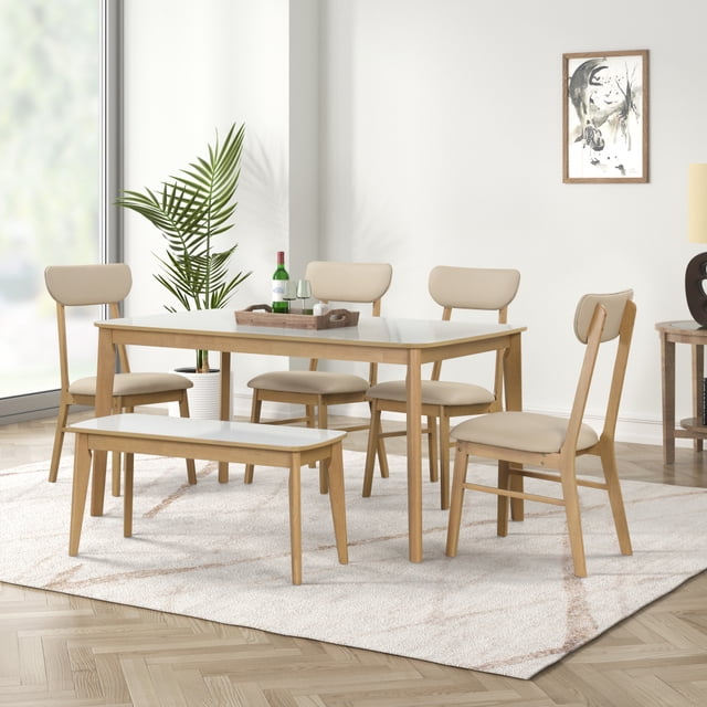 6-Piece Two-Tone Dining Set – High-Gloss Tabletop & Light Oak Frame ...