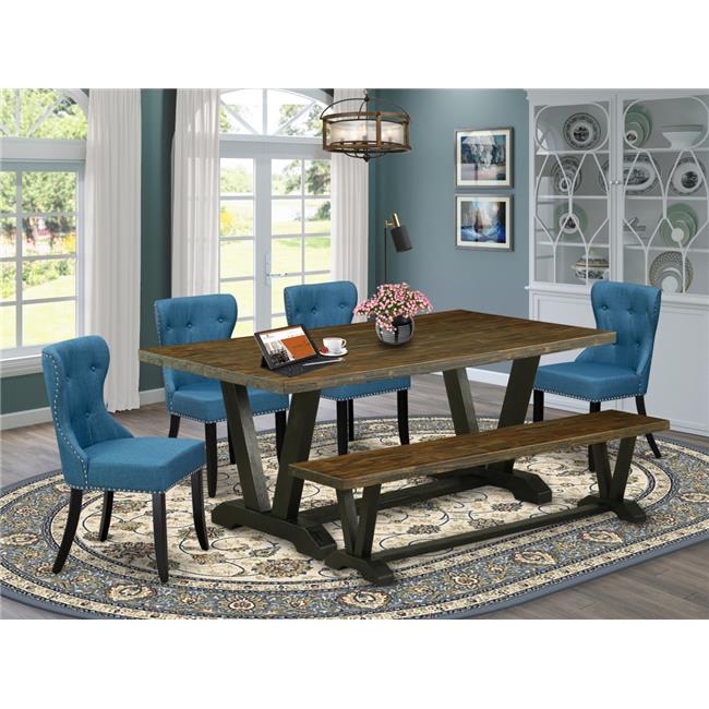6 Piece V-Style Kitchen Dining Set - Distressed Jacobean & Black ...