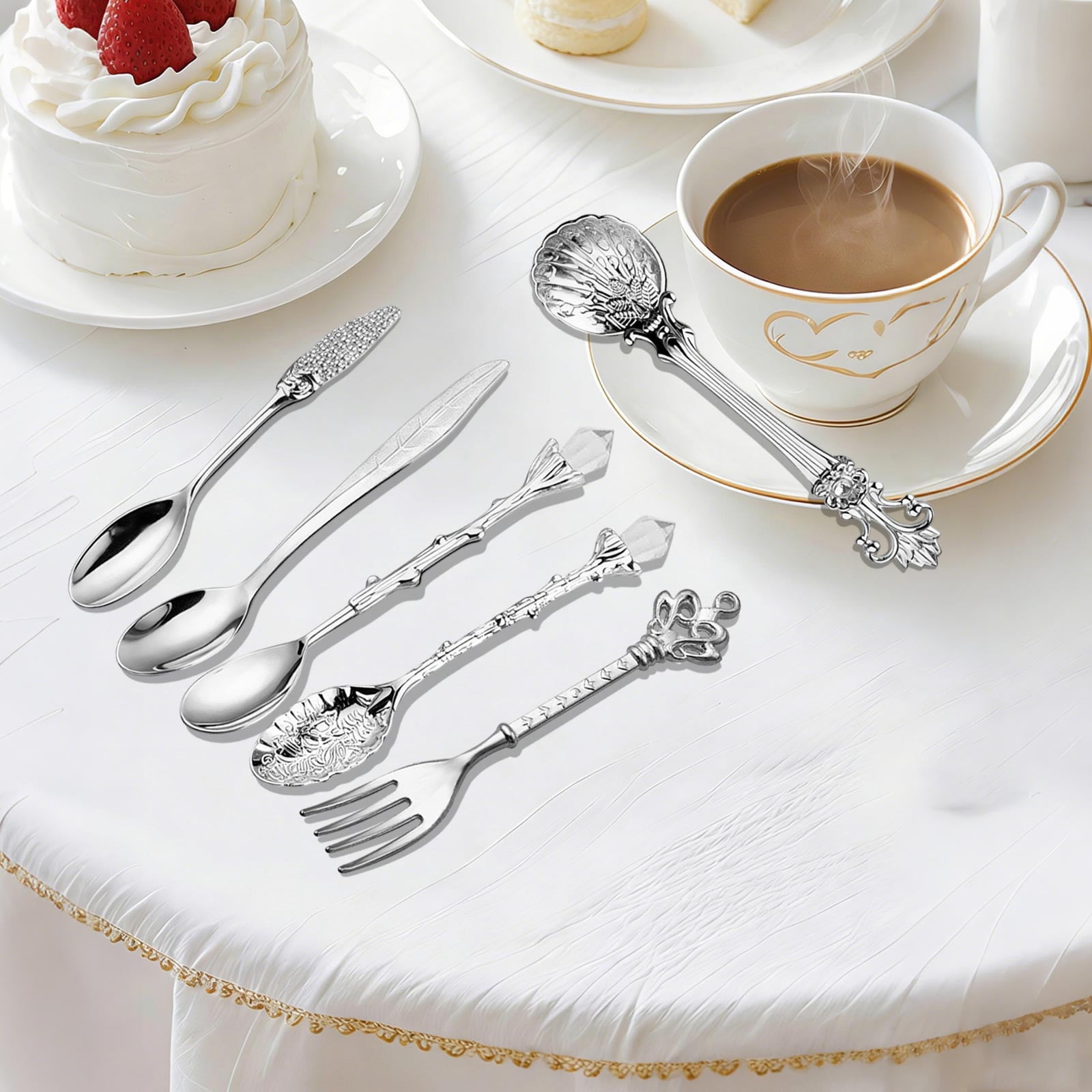 6-Piece Vintage Carved Spoon Set - Crystal-Topped Zinc Alloy Leaf ...