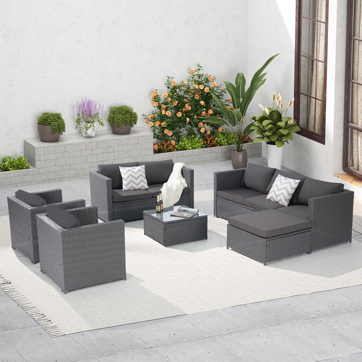 6-Piece Wicker Patio Furniture Set - Wicker Rattan Sectional Sofa Set with Coffee Table Outside ...