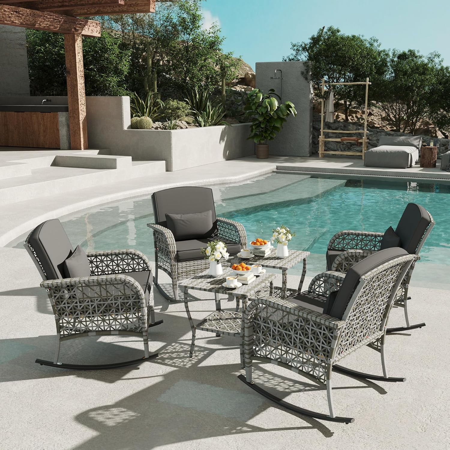 6 Piece Wicker Rocking Chair Set, Patio Rattan Rocker Chair, PE Rattan ...