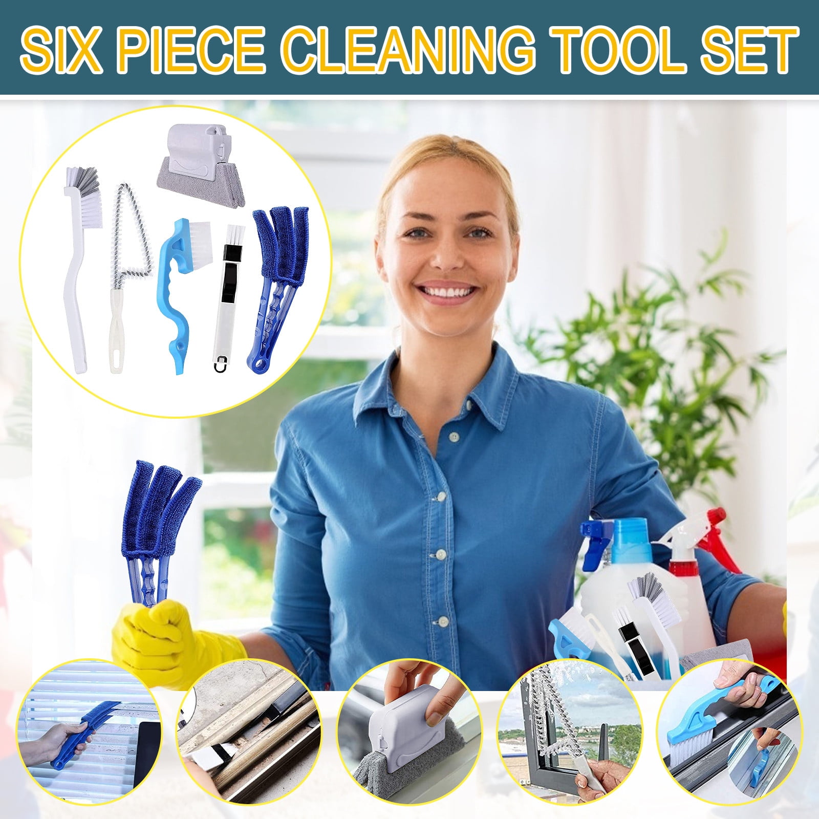 6-Piece Window Cleaning Brush Set - Multi-Function Nylon Bristle Tools ...
