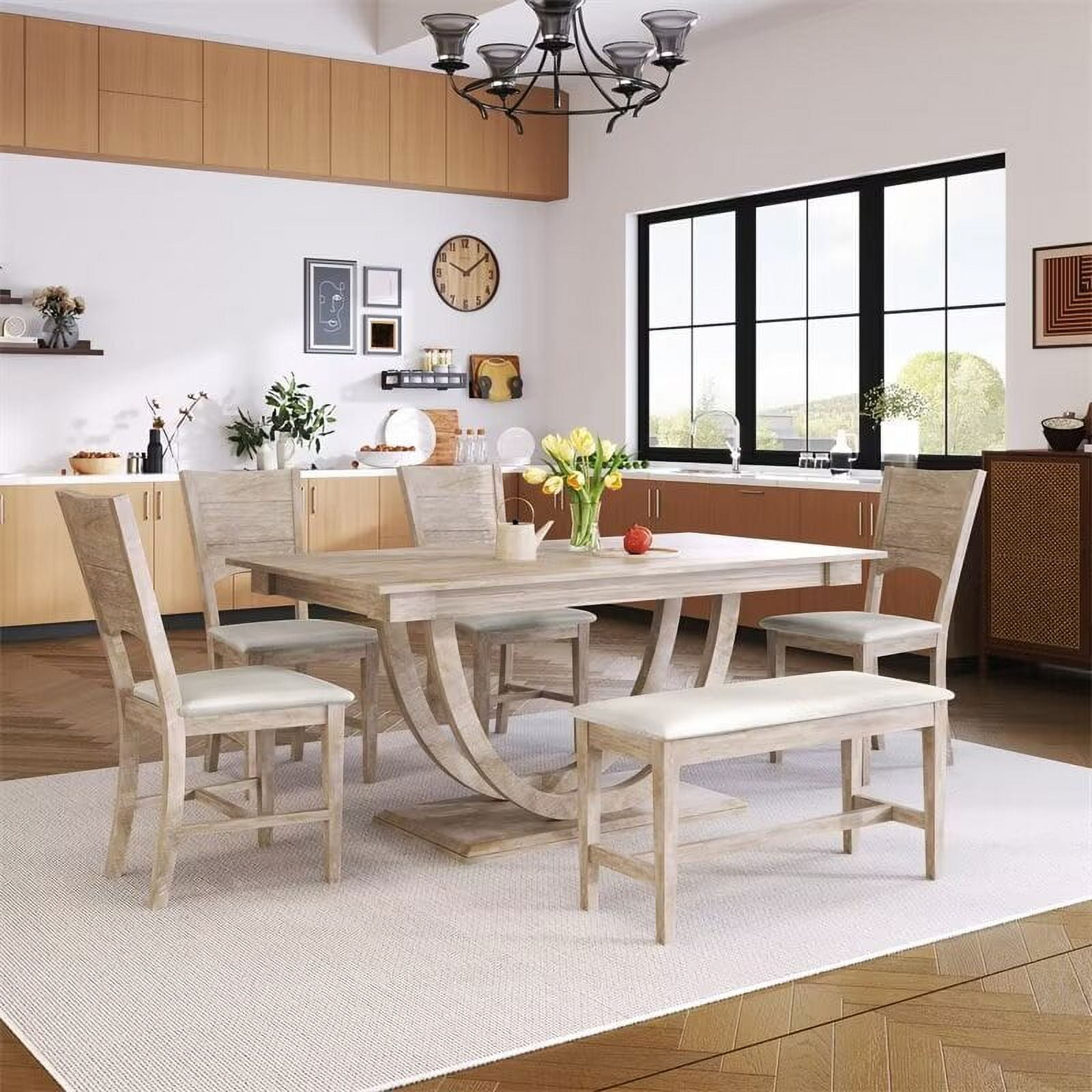 6-Piece Wood Half Round Dining Table Set, Modern Kitchen Table Set with ...