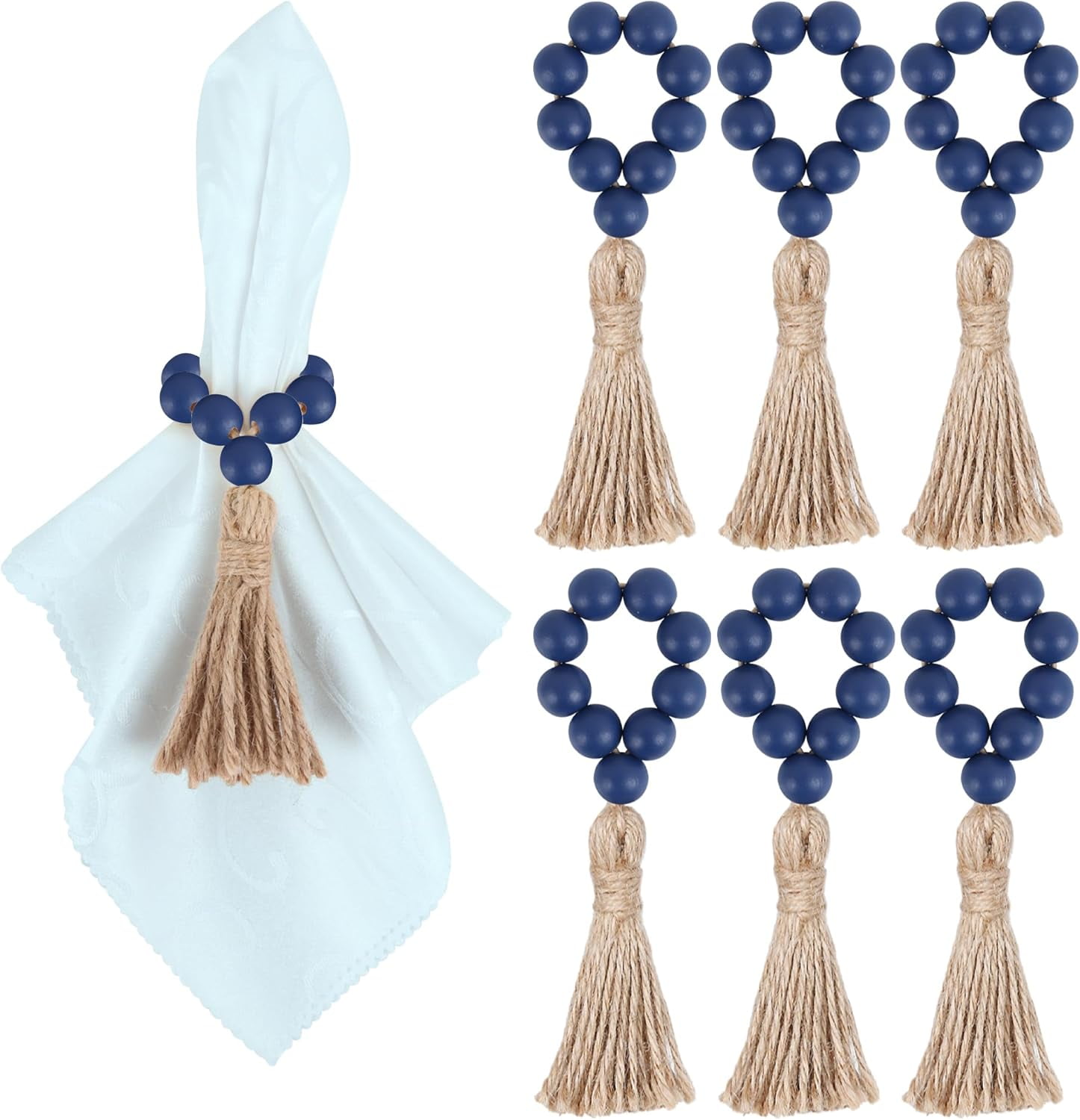 6 Piece Wooden Bead Napkin Rings, Farmhouse Stretchable Napkin Rings ...