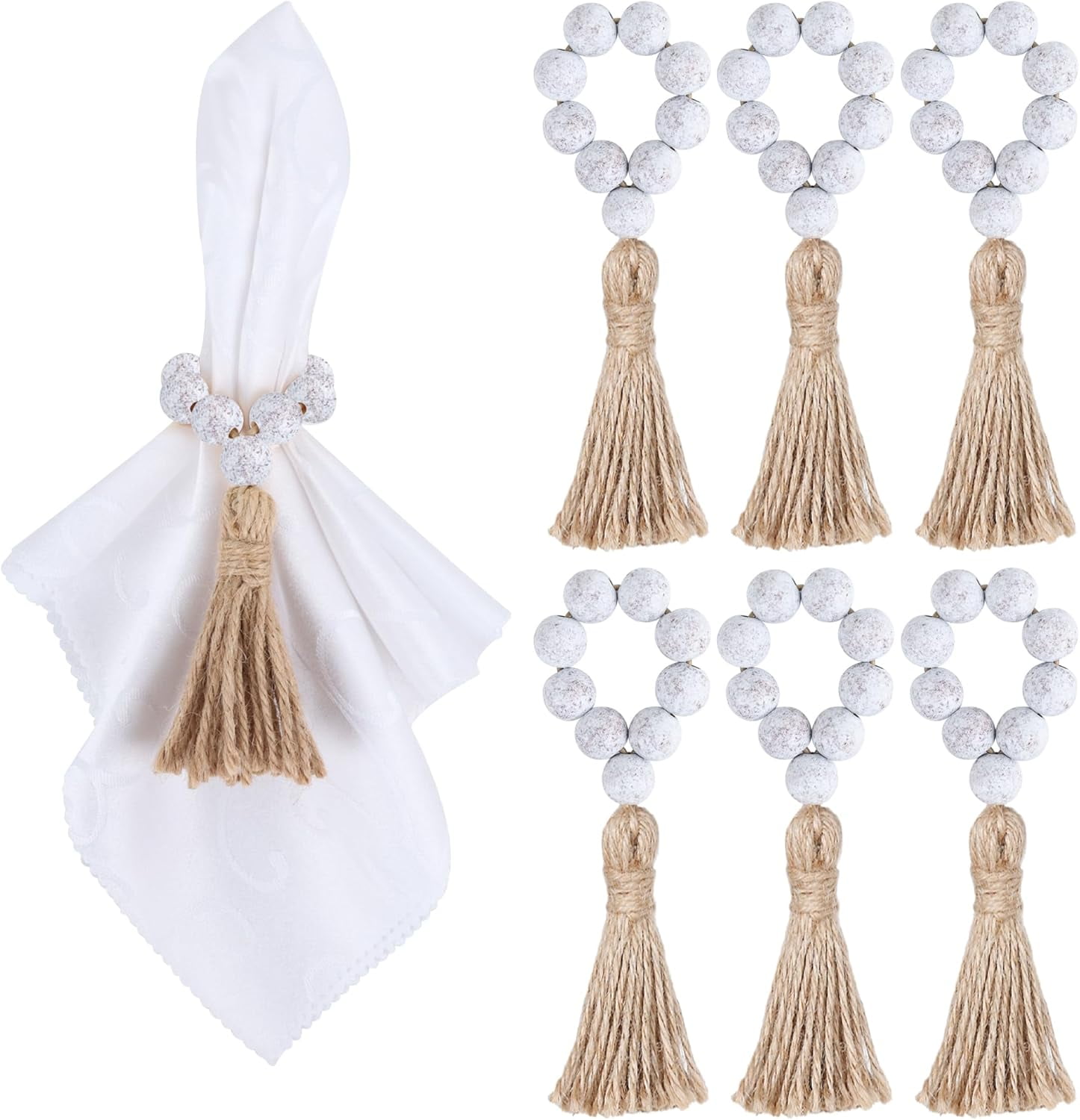 6 Piece Wooden Bead Napkin Rings, Farmhouse Stretchable Napkin Rings ...