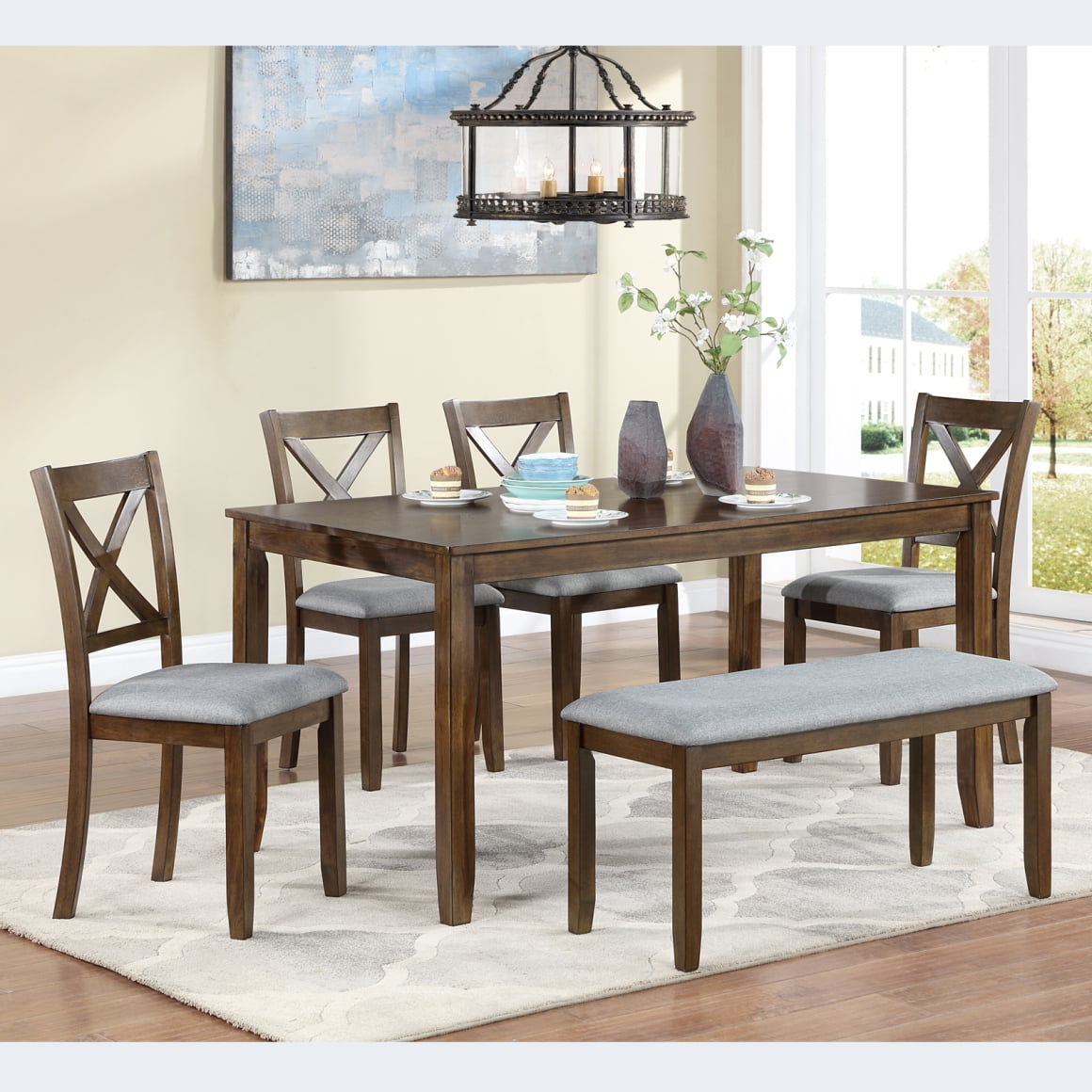 6-Piece Wooden Dining Set, Rectangular Kitchen Table with 4 Upholstered ...