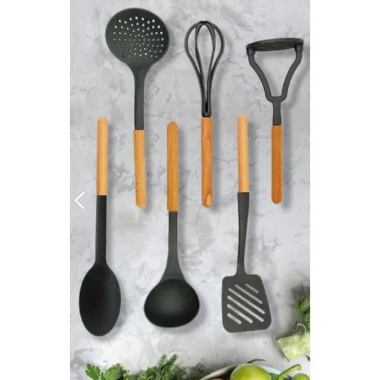 6-Piece Wooden Handle Plastic Ladle Skimmer Spoon Spatula Masher and ...