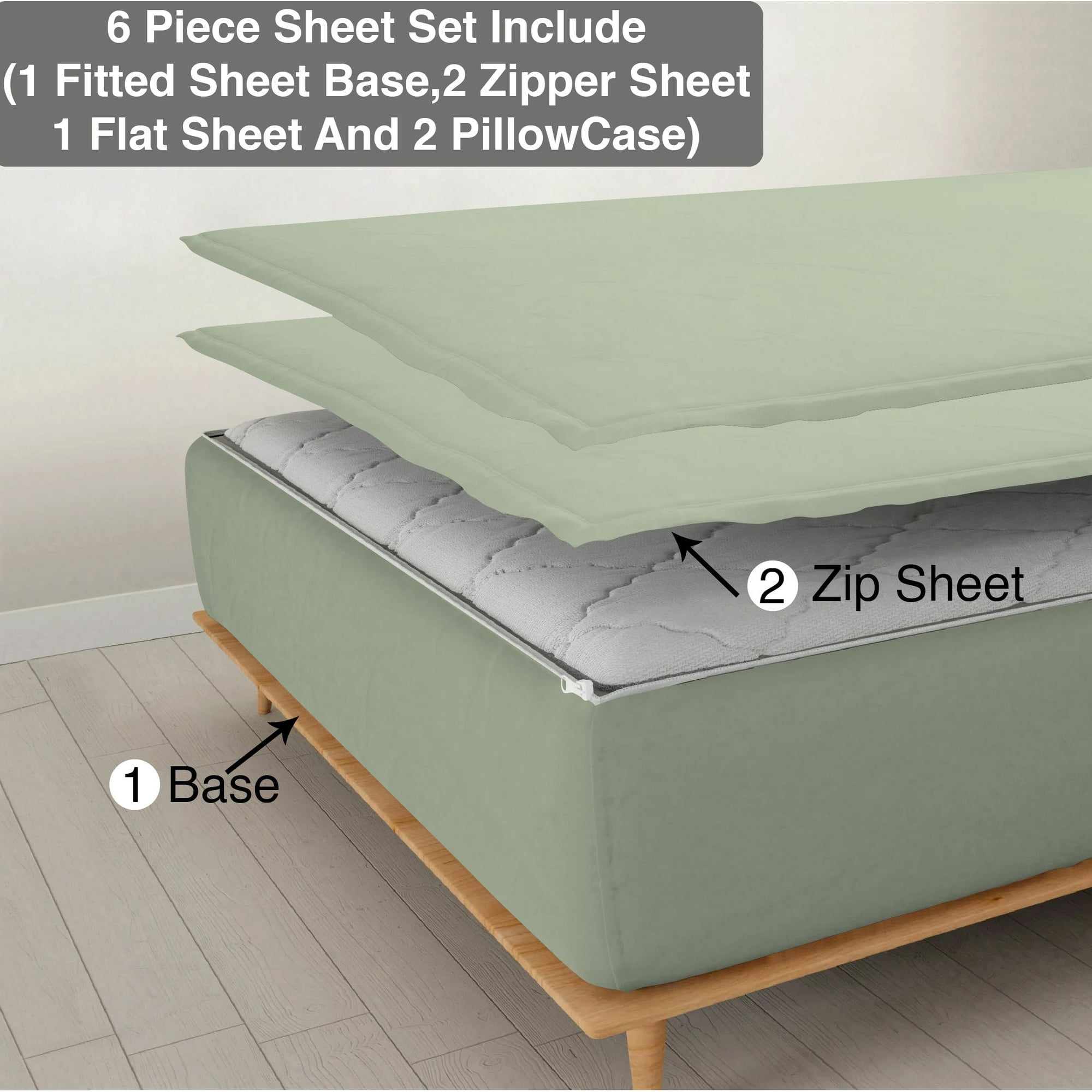 6 Piece Zipper Sheet Set, Twin XL Size 8 Inch Deep Pocket, 800 TC ...