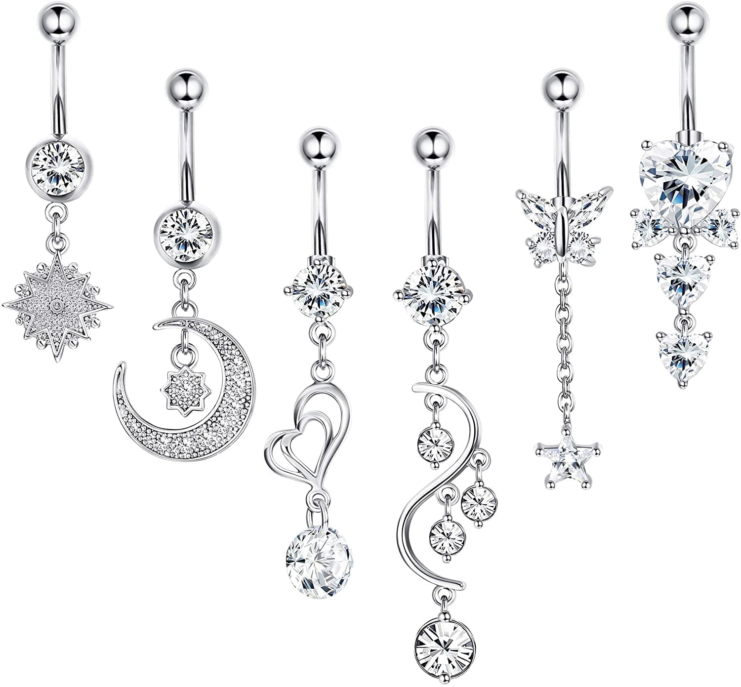 6 Pieces 14G Belly Button Rings Steel Long Dangle Navel Ring CZ Body ...