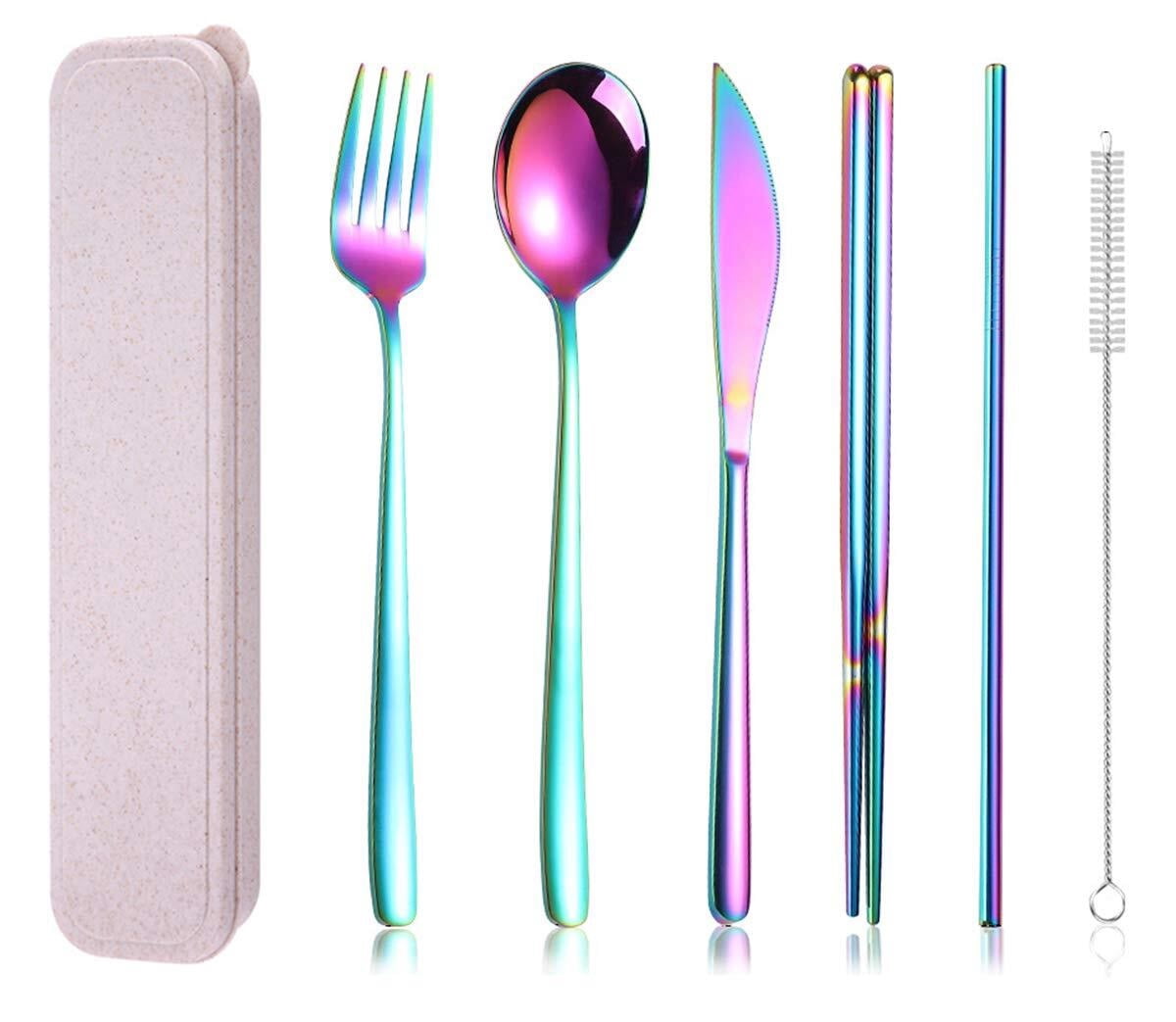 6 Pieces 18/8 Stainless Steel Flatware Set Portable Reusable Cutlery ...