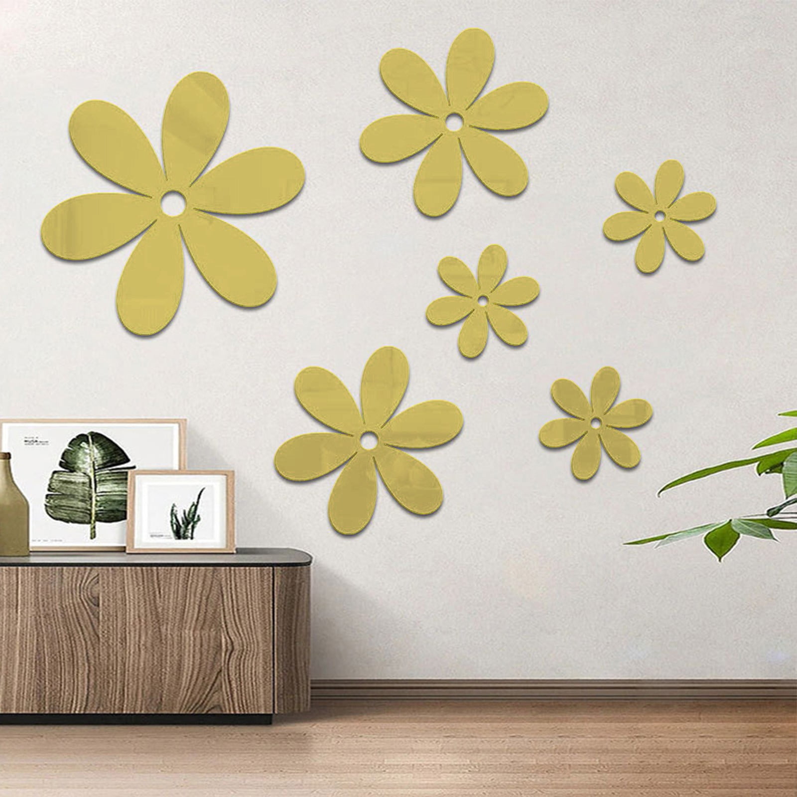 6 Pieces 3D Acrylic Mirror Wall Decor Stickers Removable Flowers Mirror ...