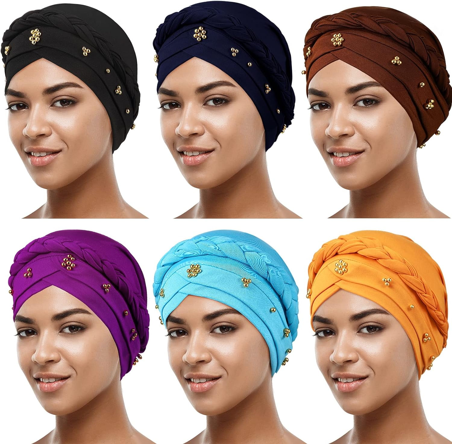 6 Pieces African Women Turban Cap Headscarf Beanie Twisted Braid Wrap ...