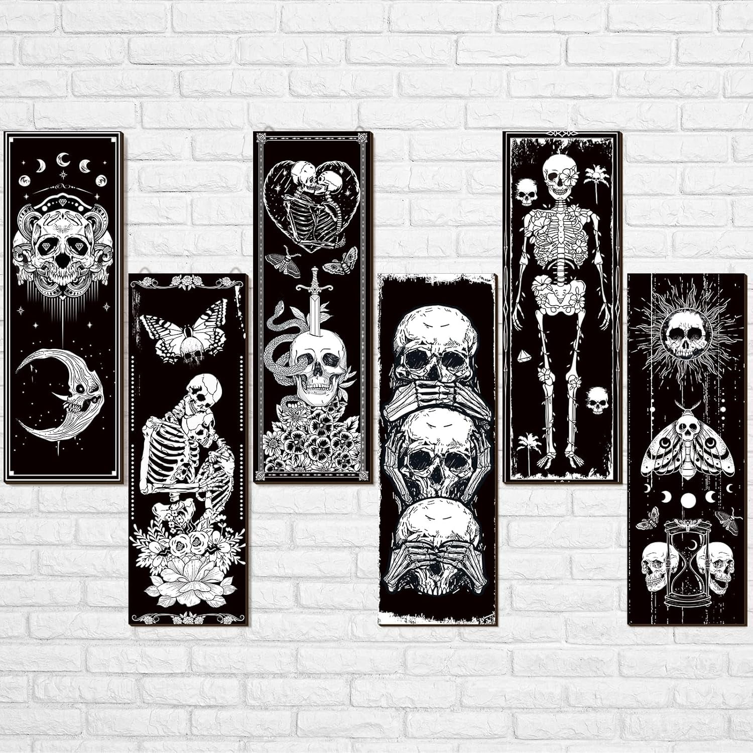6 Pieces Black Wall Decor Skull Wall Art Boho Gothic Sun Moon Phases ...