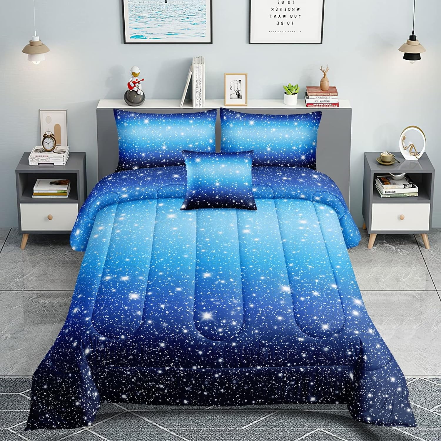 6 Pieces Blue Gradient Glitter Sparkles Comforter Set Full Size Galaxy ...