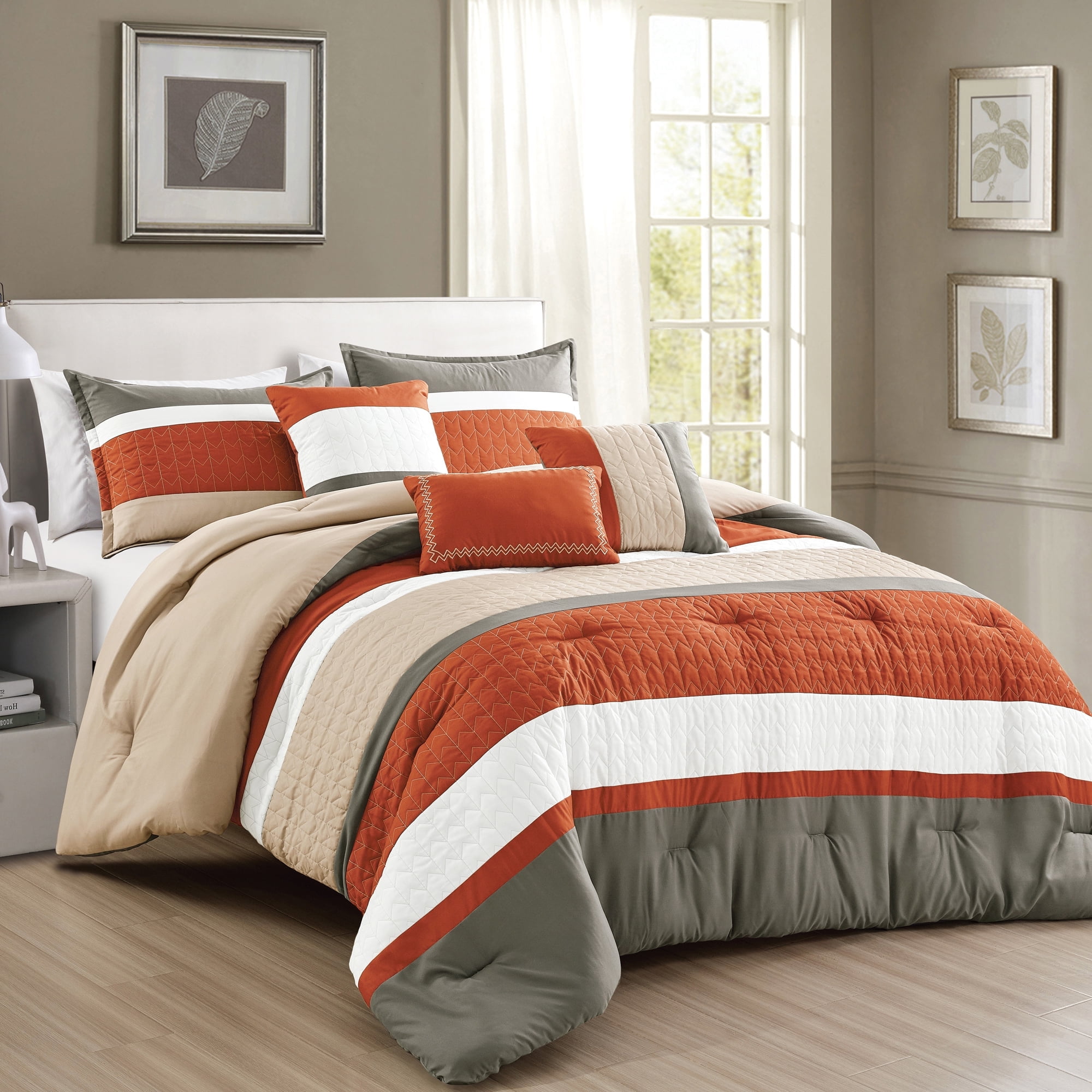 6 Pieces Brunt Orange Comforter Set - Quilted Blue Bedding Set Queen ...