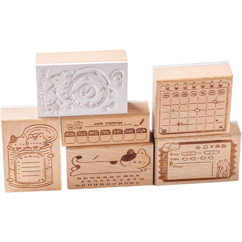 6 Pieces Cat Wood Journal Stamps, Decorative Rubber Stamp Set, Calendar ...