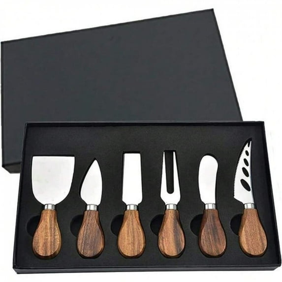6 Pieces Cheese Knife Set Bamboo Wood Handle Stainless Steel Cheese ...