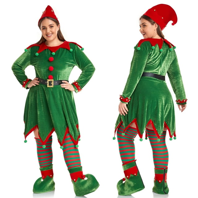6 Pieces Christmas Women Elf Cosplay Costume Set Velvet Dress with Hat ...
