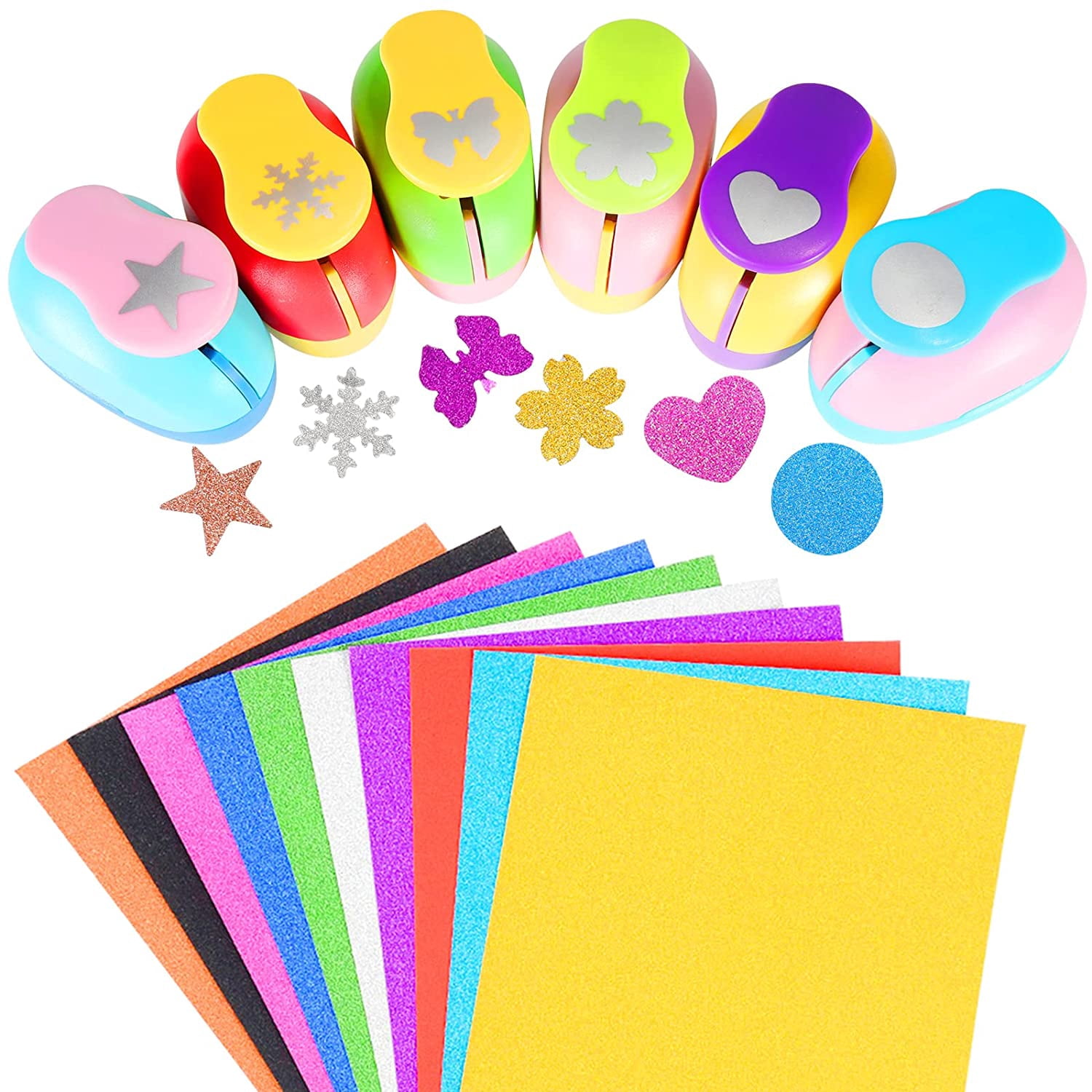 6 Pieces Craft Hole Punches with 10 Glitter Cardstock Paper, Handmade ...